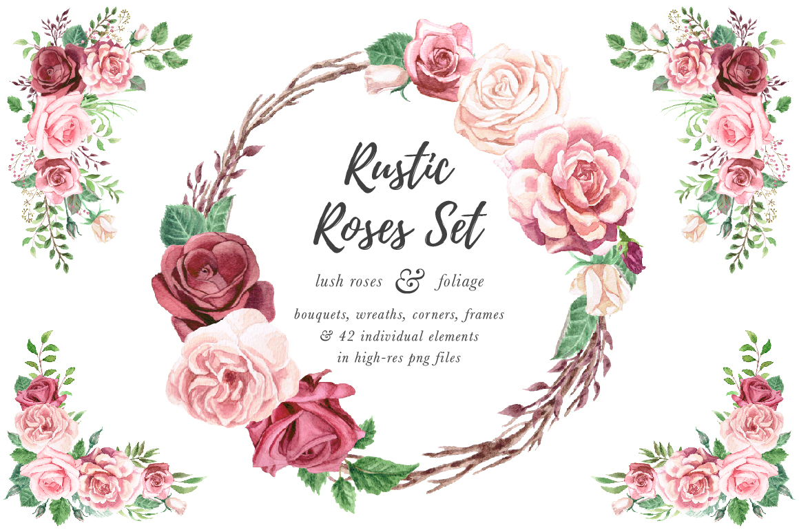 Watercolor Roses & Foliage Set by BirDI | Design Bundles
