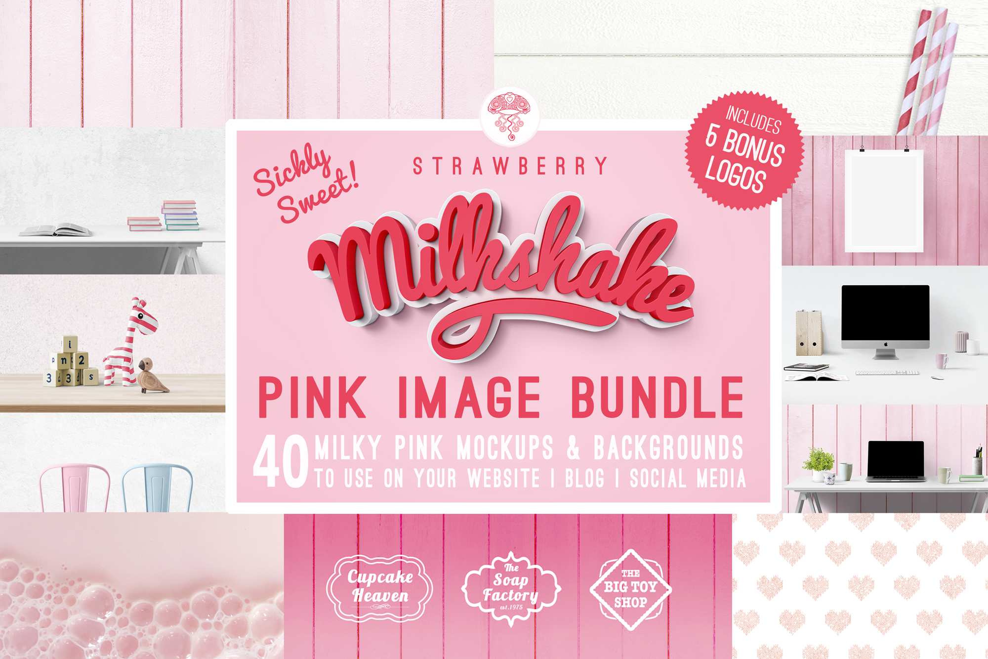 branding kit with pink backgrounds, pin | Design Bundles