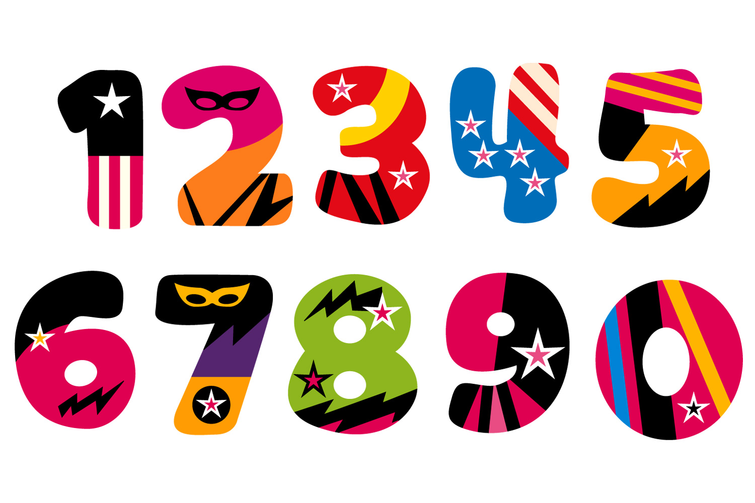 Numbers graphics, girly superhero 0,1,2 | Design Bundles