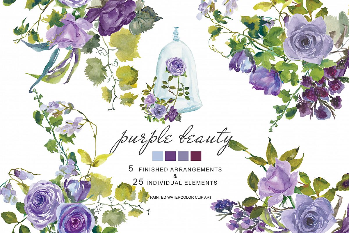 Hand Painted Watercolor Purple Flowers | Design Bundles