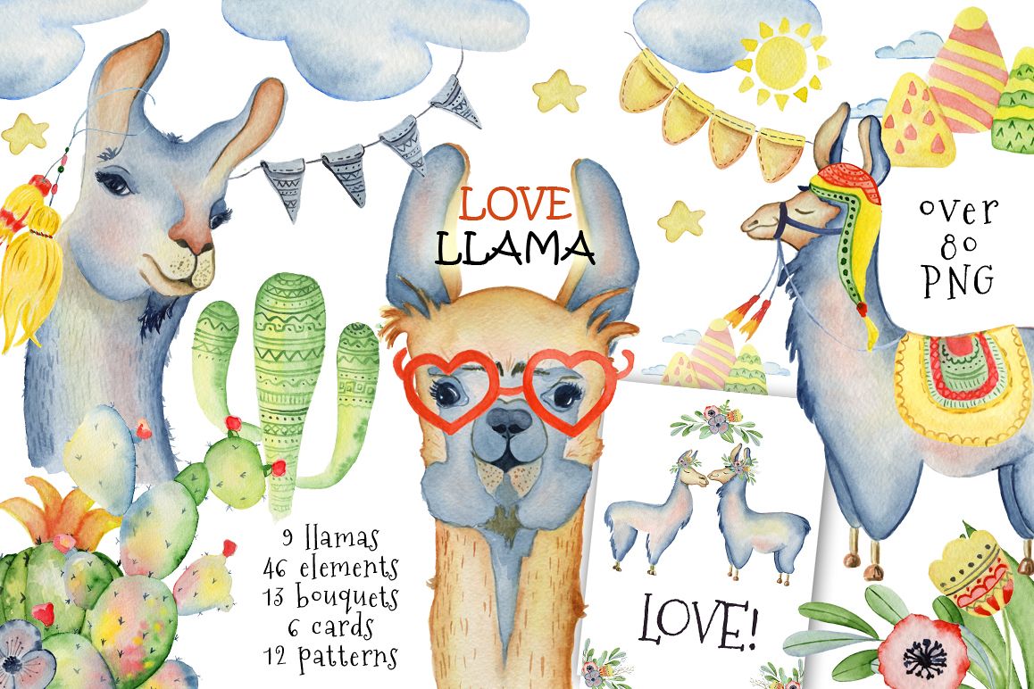 Cute llamas. Watercolor animals clipart | Design Bundles